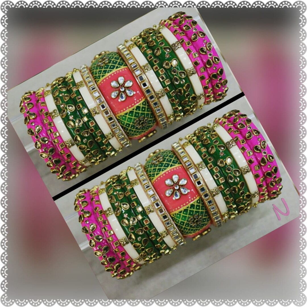 Designer Pink & Green Bridal Chura Set, Glass Kundan Beaded Rajwadi ...