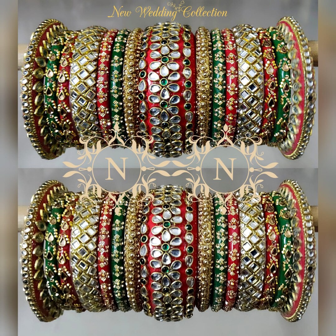 Heavy Kundan Work Red & Green Long Bridal Chura Set, Indian Wedding ...