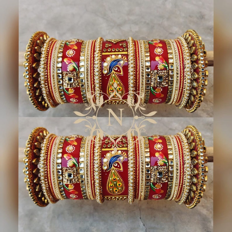 Rajwadi Style Hand Painted Peacock & Leaf Bridal Chura Set - Etsy