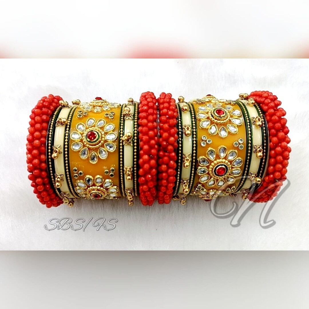 Designer Yellow & Red Acrylic Base Bangles Set, Rajwadi Party Wear ...