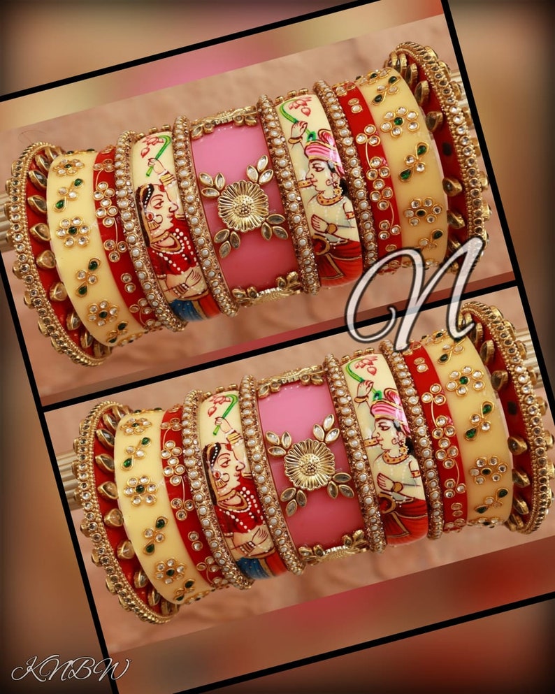 Indian Raja Rani Wedding Pink & Yellow Chura Set, Rajwadi Style Hand ...