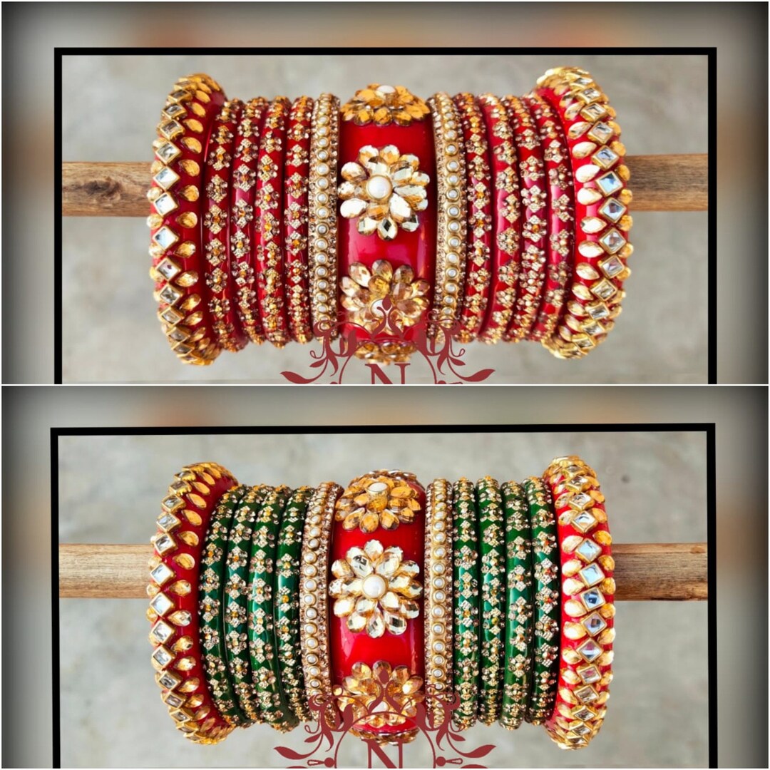 Traditional Indian Red & Green Color Bridal Chura Set, Punjabi Style ...