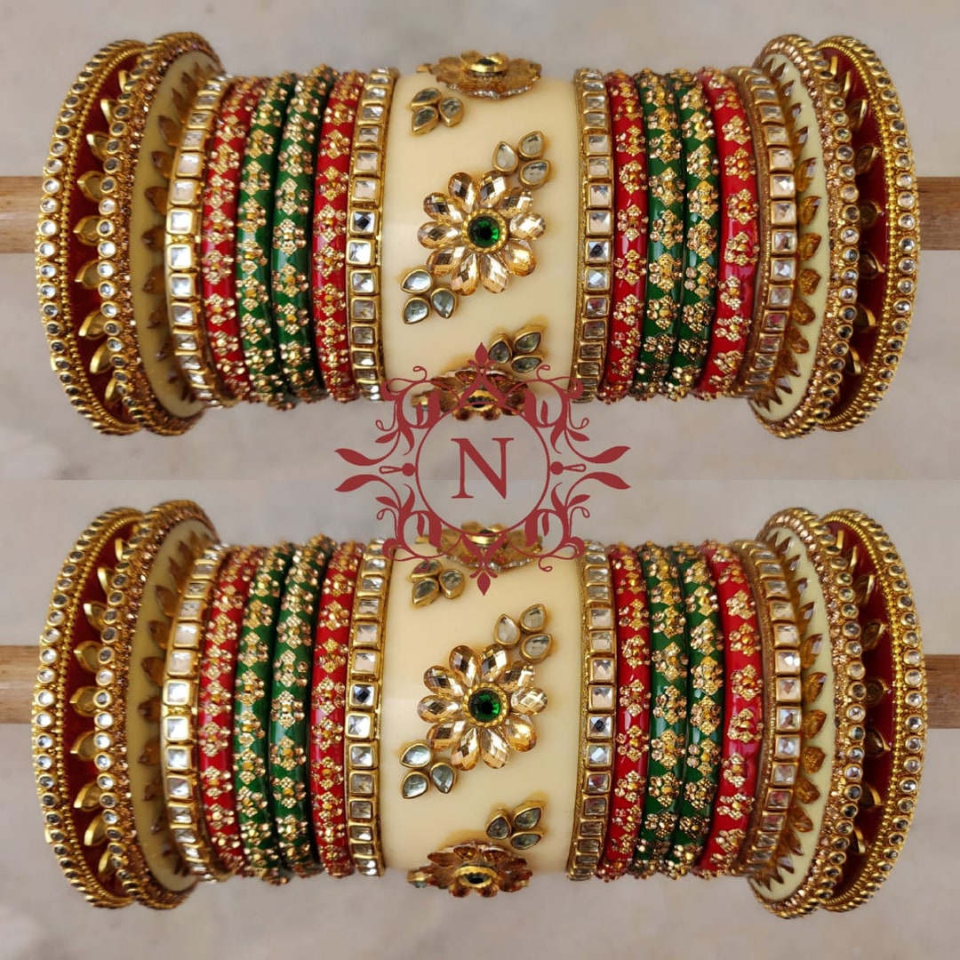 Designer Indian Red Greenn & Beige Color Bridal Choora Set, Rajwadi ...