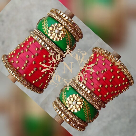 Hand Painted Red & Green Bridal Chura Set Indian Wedding | Etsy