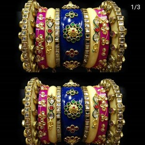 Blue & Pink Kundan Beaded Indian Bridal Chura, Pakistani Wedding Stone ...