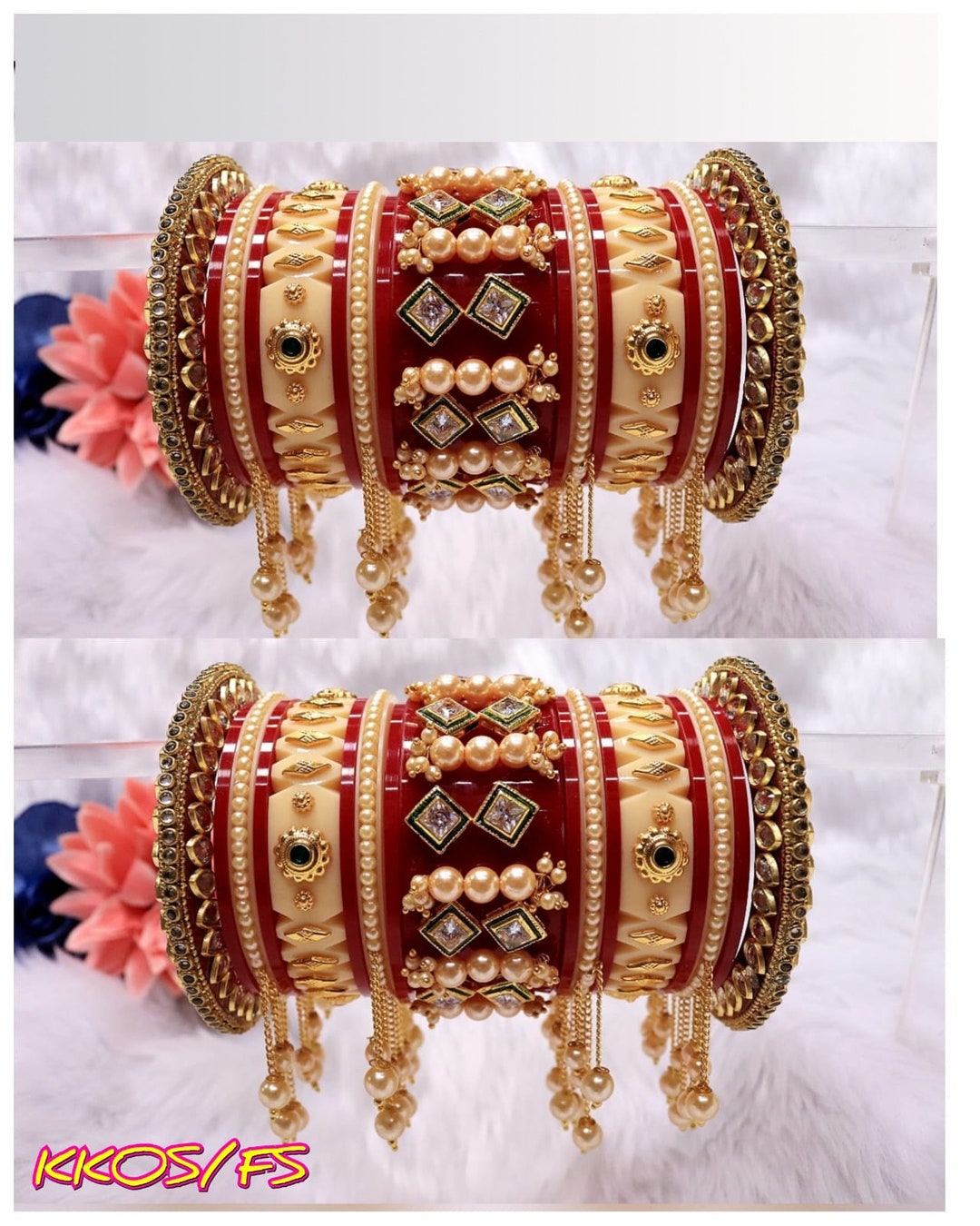 Bridal Red & Cream Kundan Beaded Chura Set, Pakistani Hanging Pearls ...