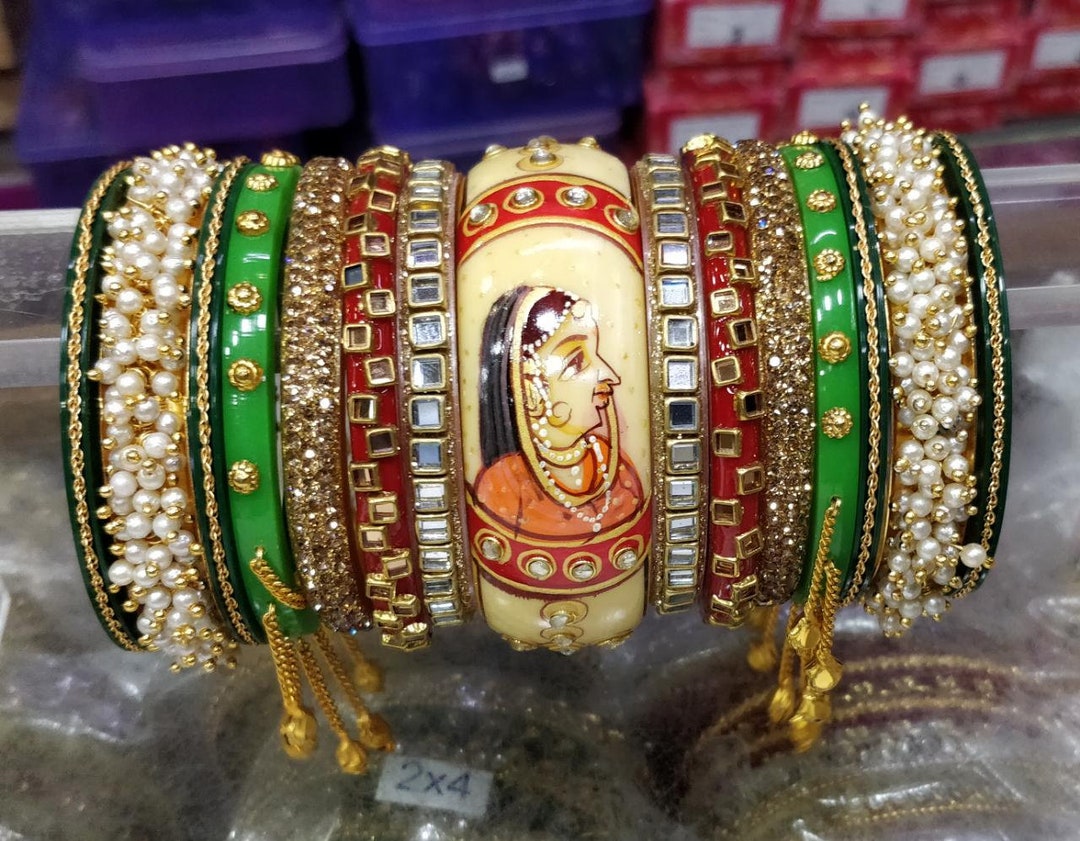 Traditional Look Raja Rani Small Length Chura Set, Indian Kundan Beaded ...