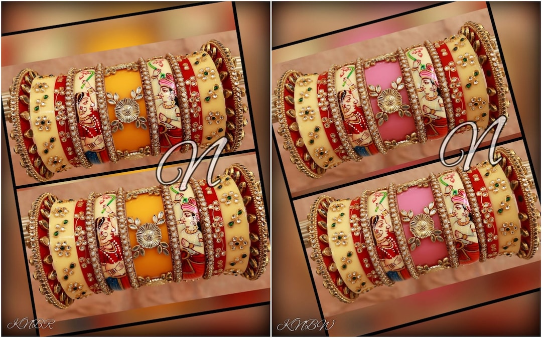 Indian Raja Rani Wedding Pink & Yellow Chura Set, Rajwadi Style Hand ...