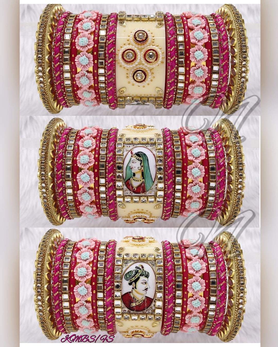 Pink & Cream 3D Floral Beaded Photo Bangles Set, Indian Wedding Glass ...