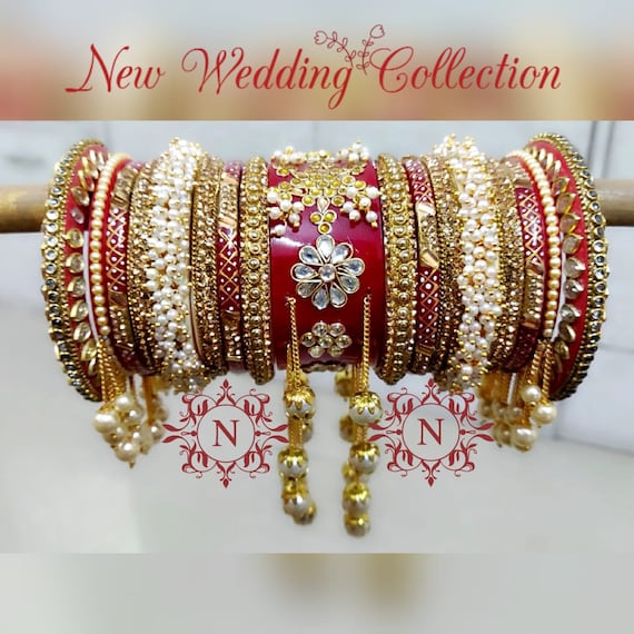Punjabi Style Red Kundan Work Bridal Chura Set Indian Wedding Handing Pearls Chain Chuda Pakistani Party Wear Pearls Bunches Eid Bangles