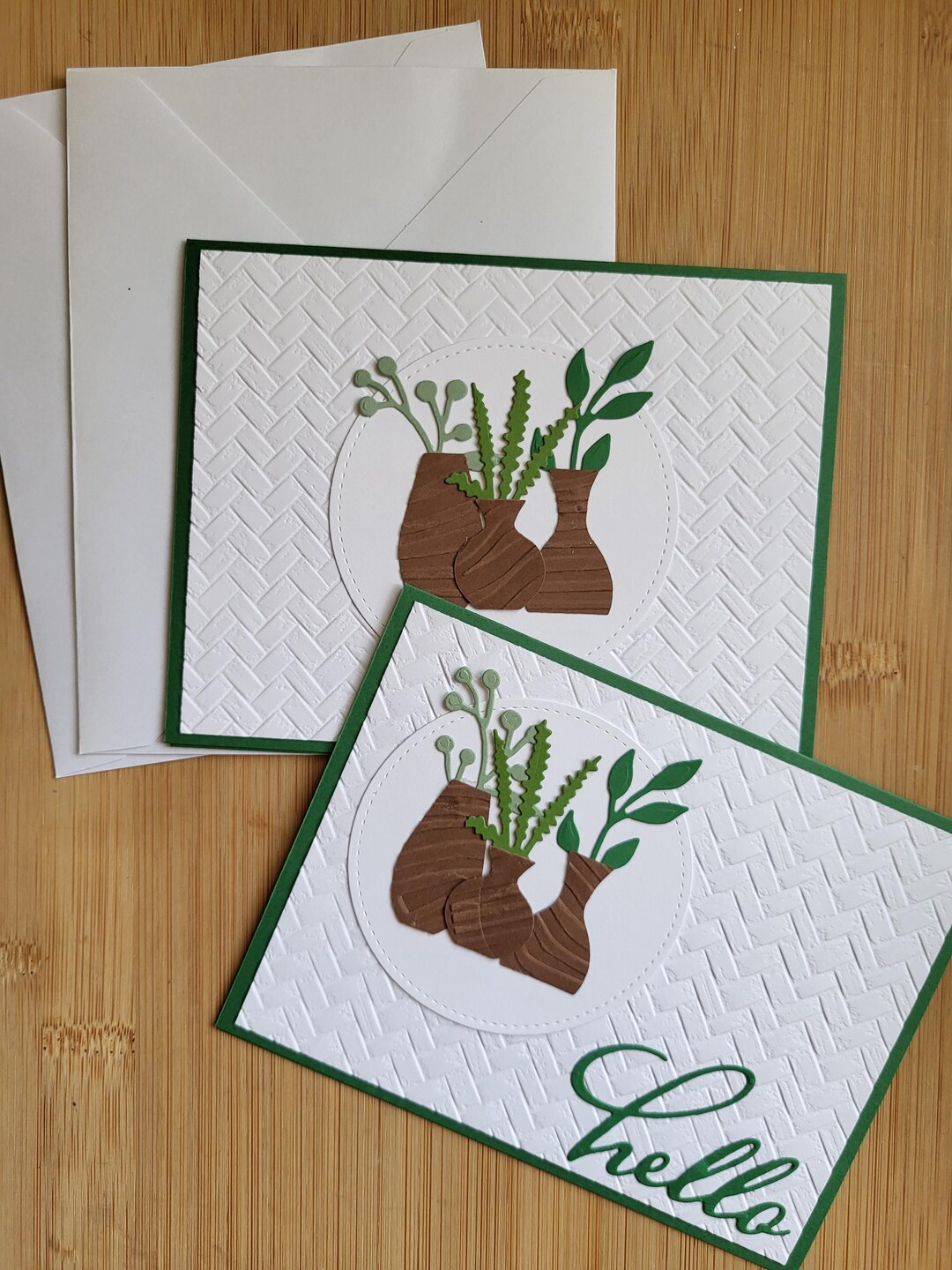 Blank & Hello Handmade Blank Notecards in Green With Plant - Set of 2 ...
