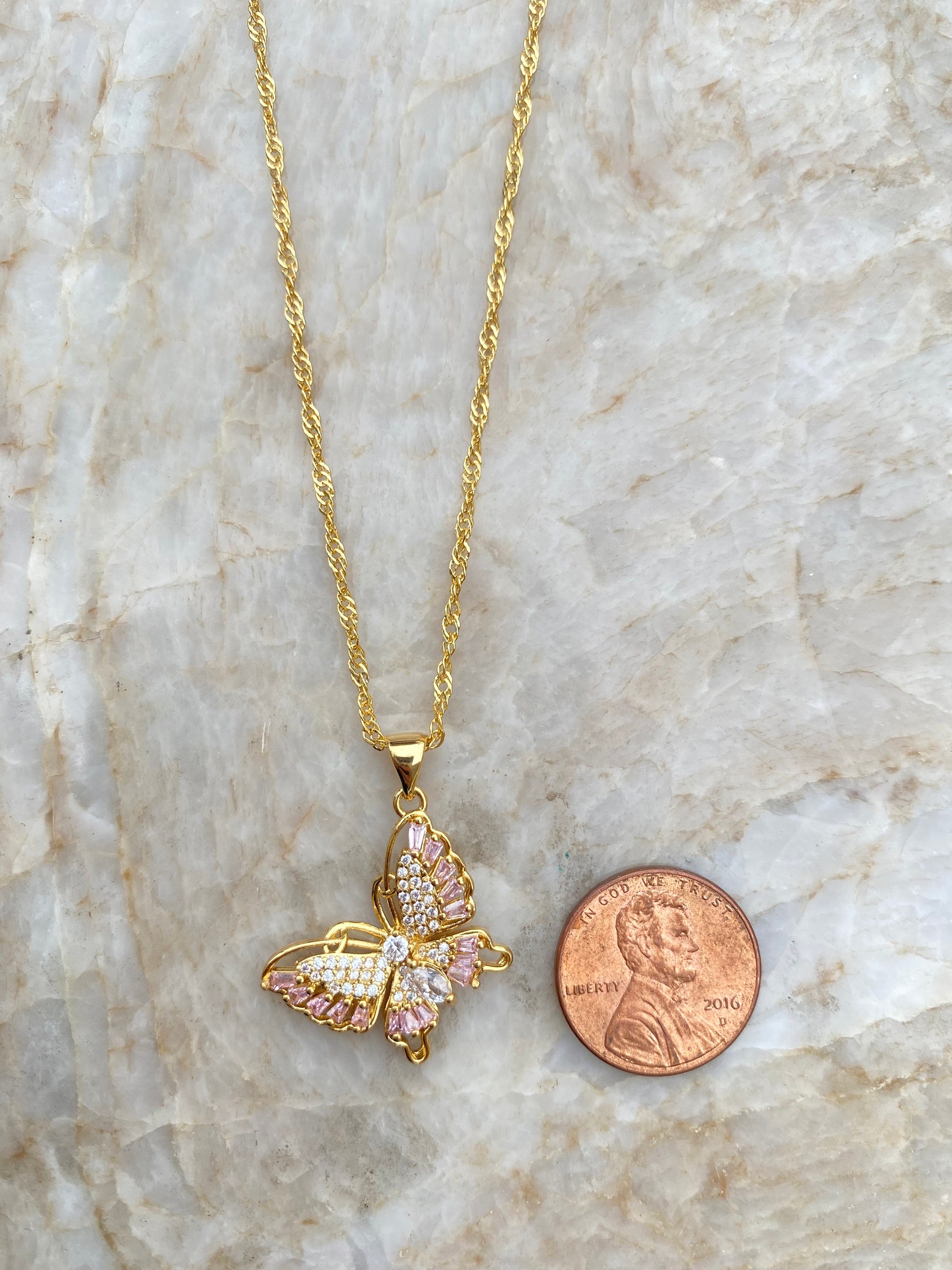 18K Gold Plated Pink Crystal Butterfly Necklace - Etsy