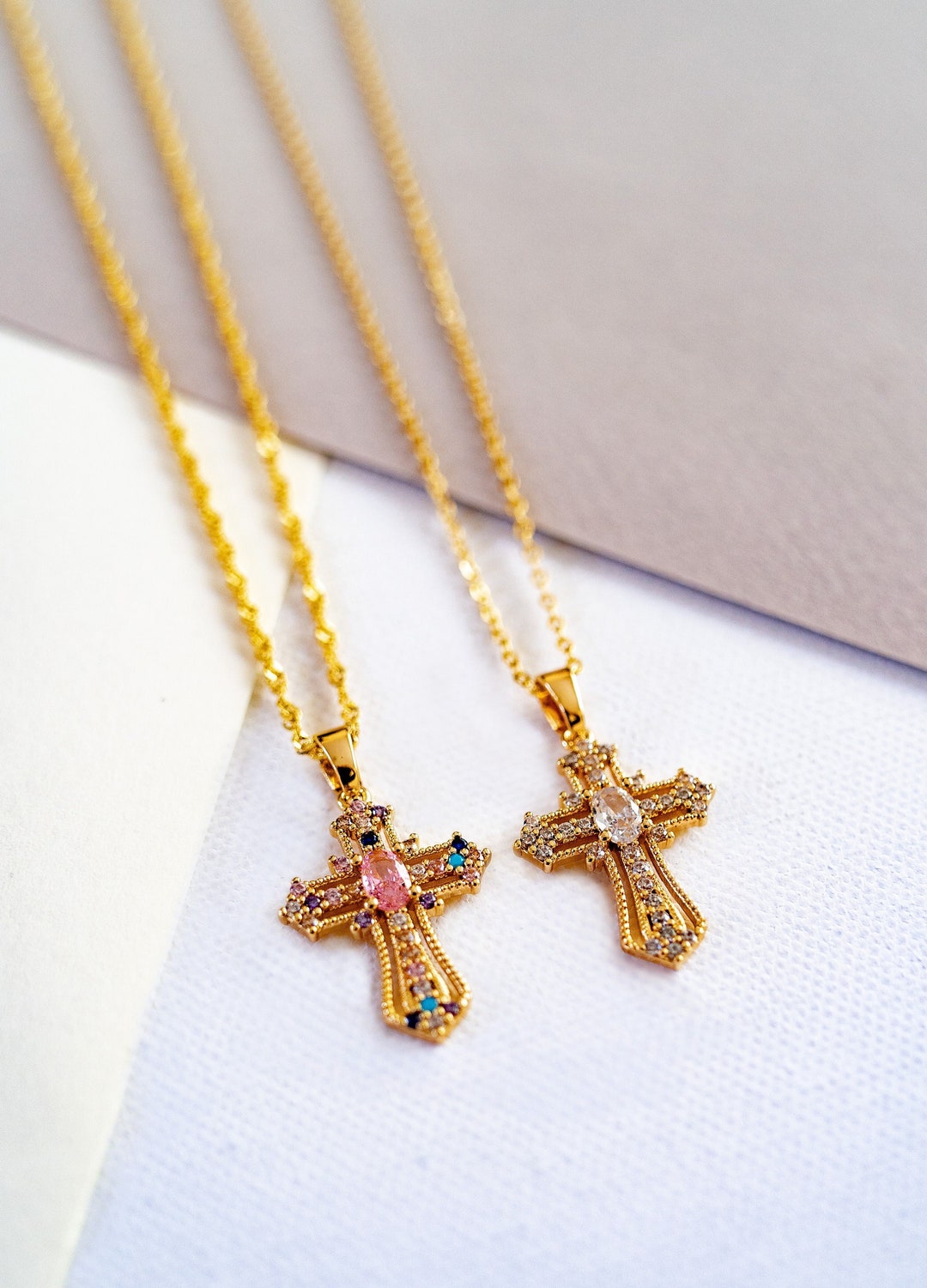 Pink Crystal Cross Necklace/gold Crystal Cross Necklace/religious Cross ...