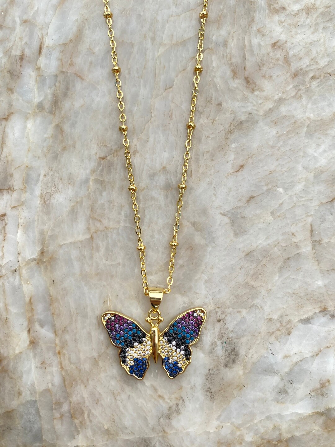Multi Colored Purple Butterfly Necklace/ 18K Plated Necklace/ Purple ...