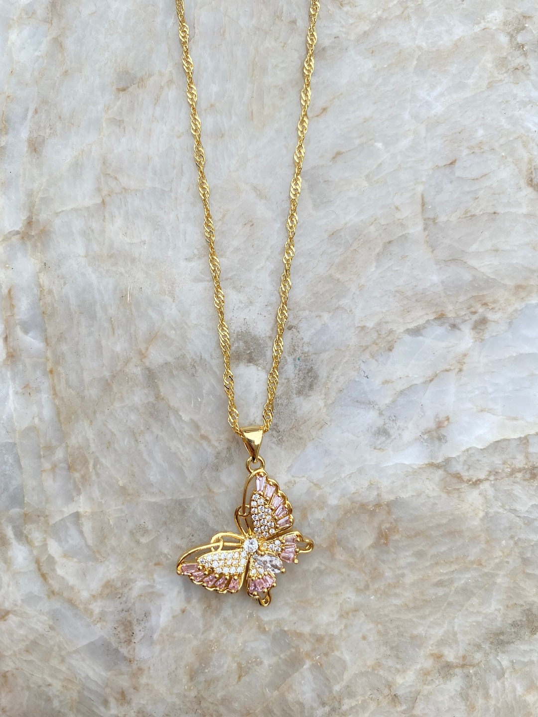 18K Gold Plated Pink Crystal Butterfly Necklace - Etsy
