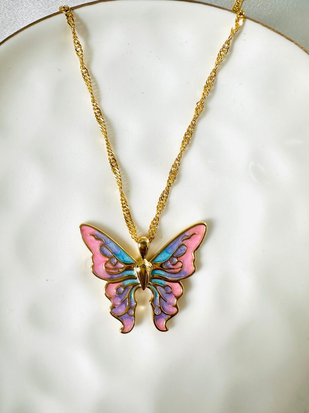 Pink and Purple Enamel Butterfly Necklace/statement Necklace/spring ...