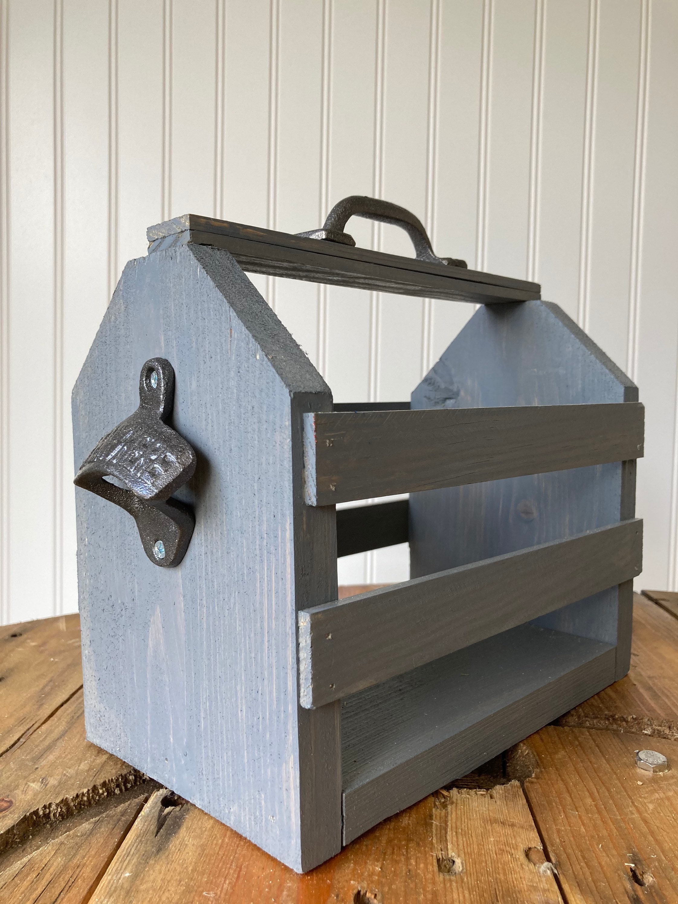Rustic Weathered Grey Beer Caddy: Pine Wood Bottle Holder With Opener ...