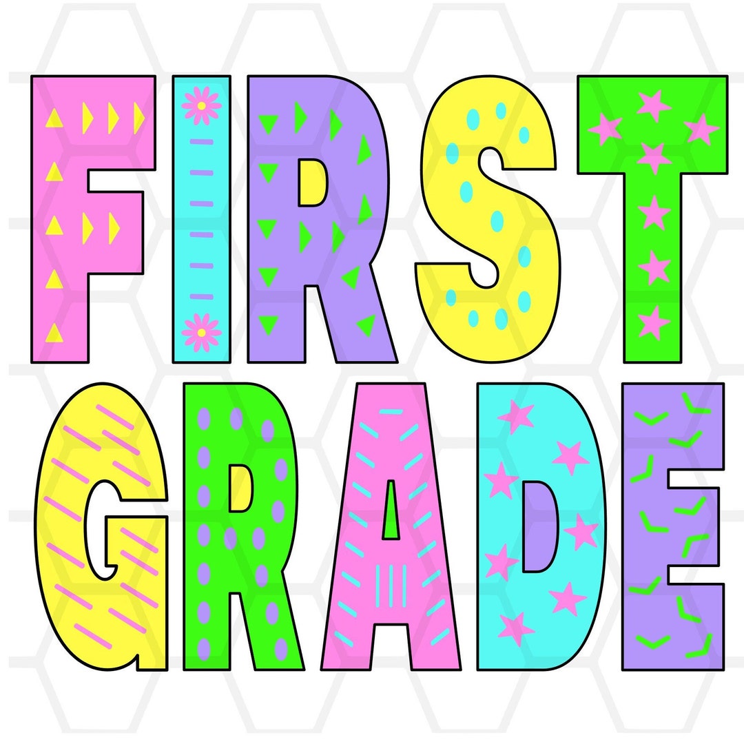 First Grade // Pink Purple Lt Blue // Stacked Design // School Grade ...