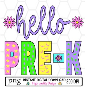 Hello Pre-k // Pink Purple Lt Blue // Stacked Design // School Grade ...