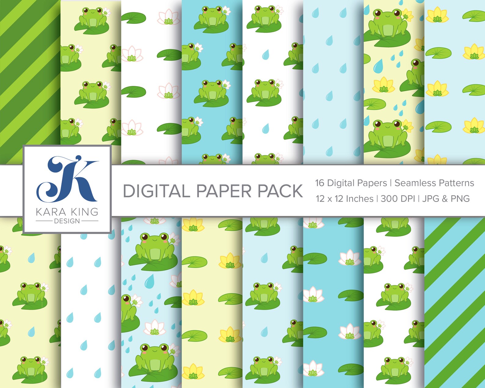 Spring Digital Paper, Cute Frog Illustration, Raindrops and Waterlilies ...