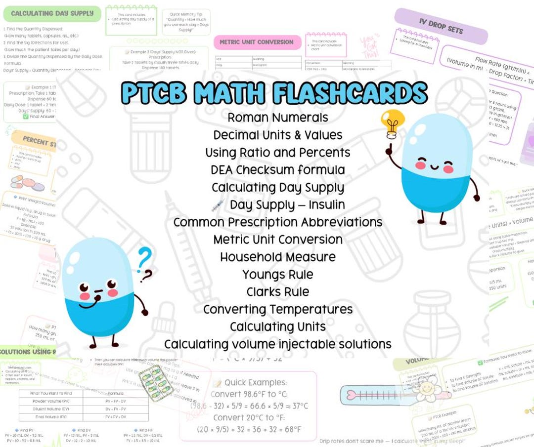 PTCB Math Flashcards – 4x6 Printable Pharmacy Technician Study Cards ...