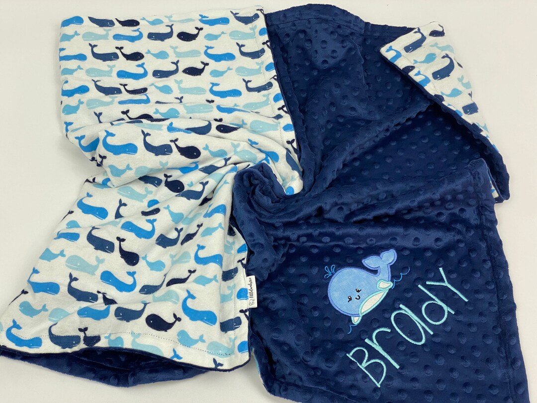 Personalized Baby Blanket Blue and White Whale Flannel - Minky for Boy ...