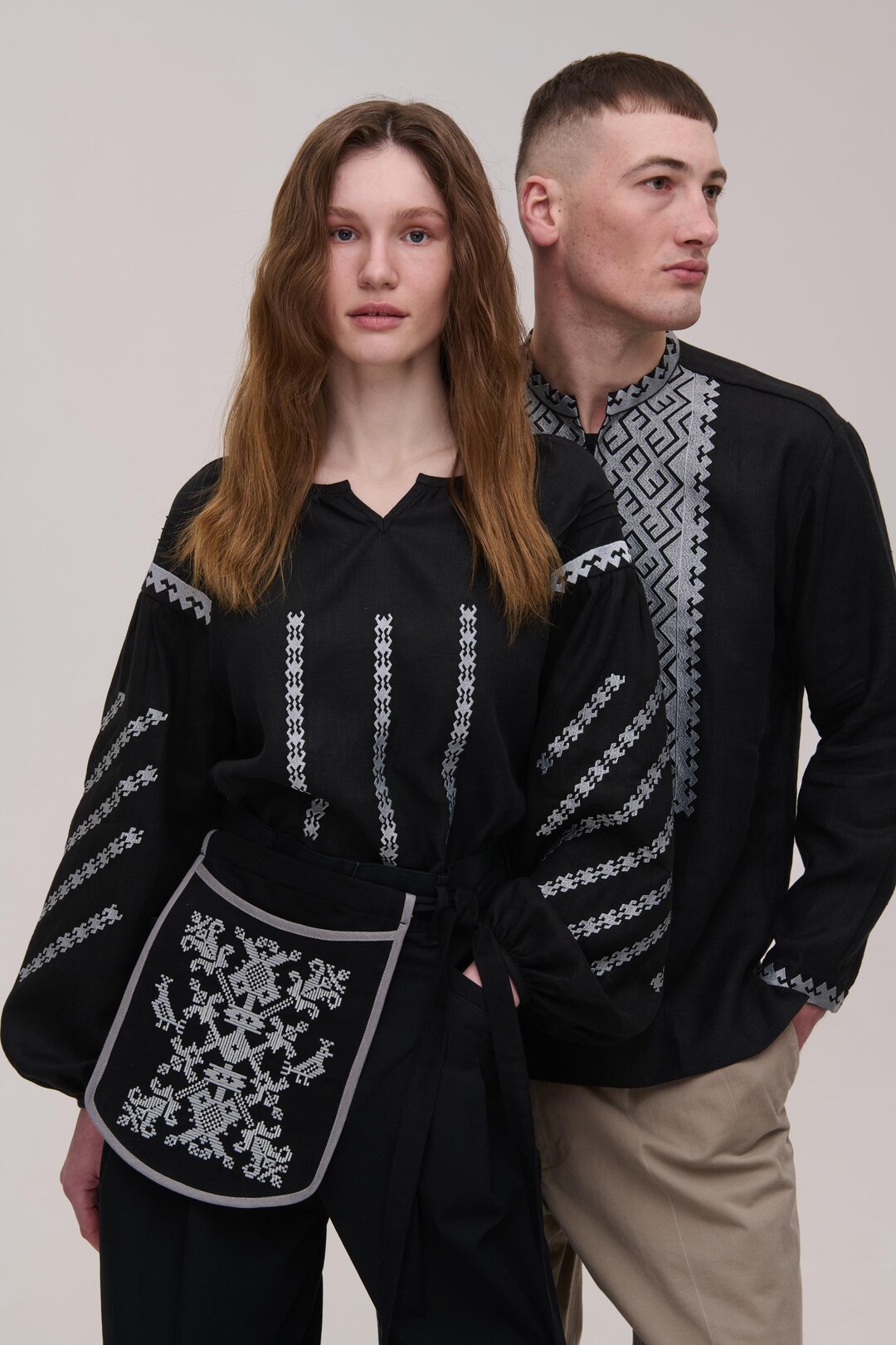 Embroided Couple Look Machine Embroidery Black Linen Embroidered ...
