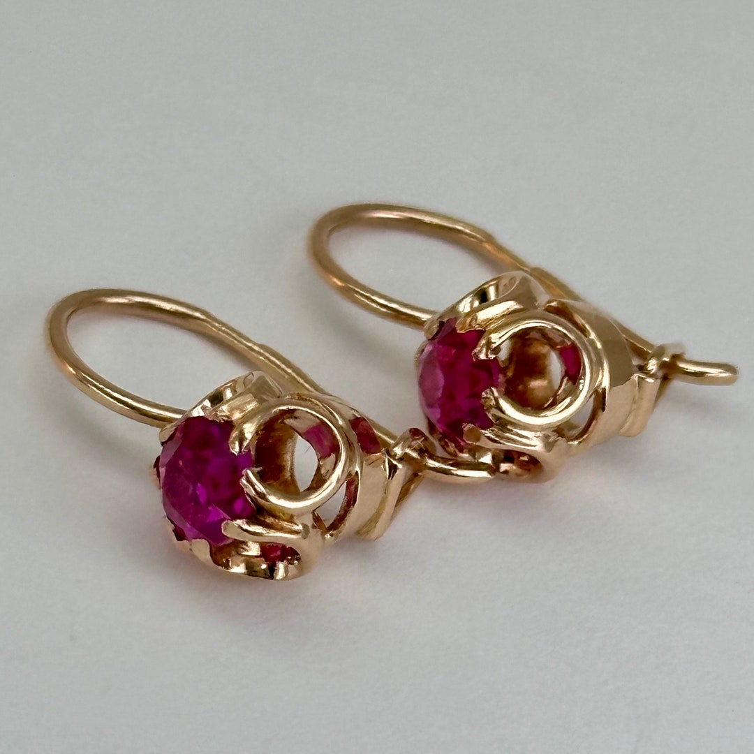 Vintage Original Solid Rose Gold 583 14k Earrings With Ruby, Rose Gold ...