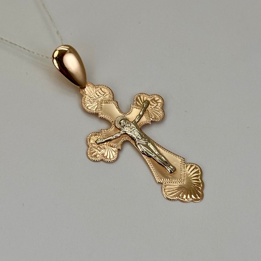 Vintage Original Rose & White 585 14k Gold Orthodox Cross Pendant ...