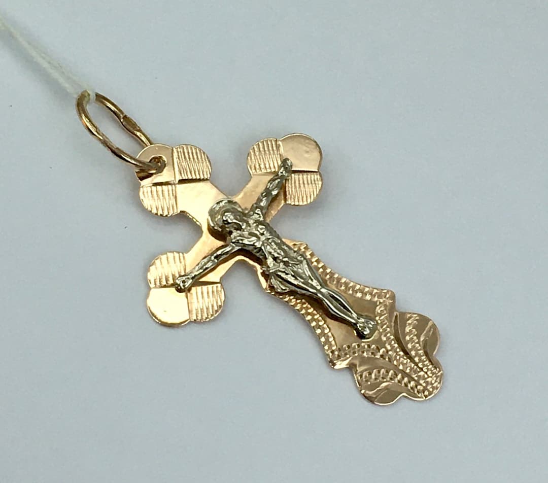 Vintage Original Rose & White 585 14k Gold Orthodox Cross Pendant ...