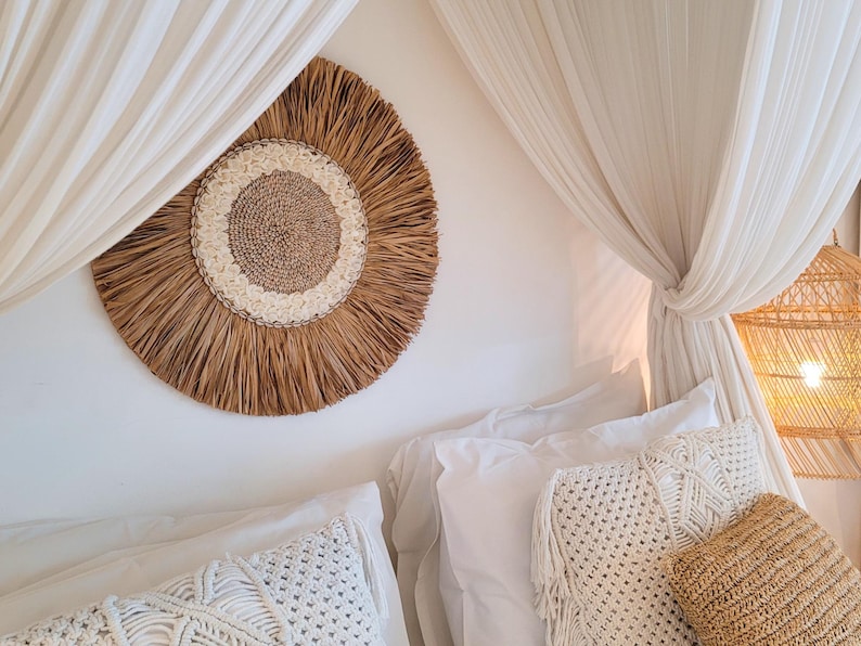 Boho Wandbehang mit Muscheln 60 cm handgefertigte Wanddeko aus Raffia ...