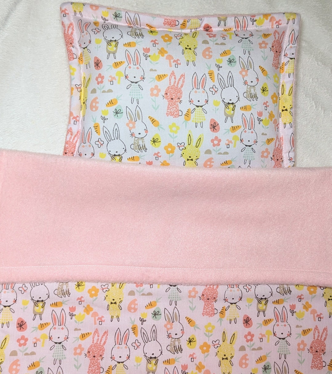 Dolls Pram Cot Bedding Set Blanket and Pillow. Cute Bunnies With Light ...
