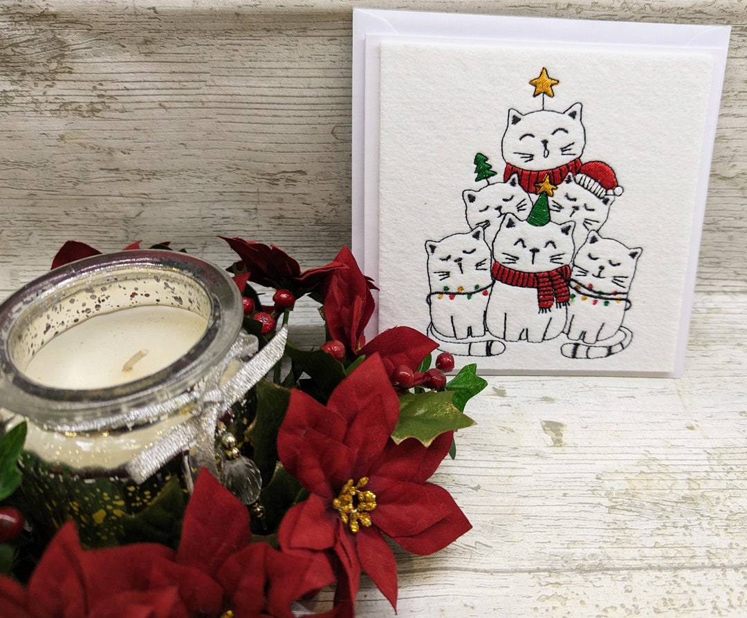 Machine Embroidered Christmas Card. Christmas Cats Singing. - Etsy UK