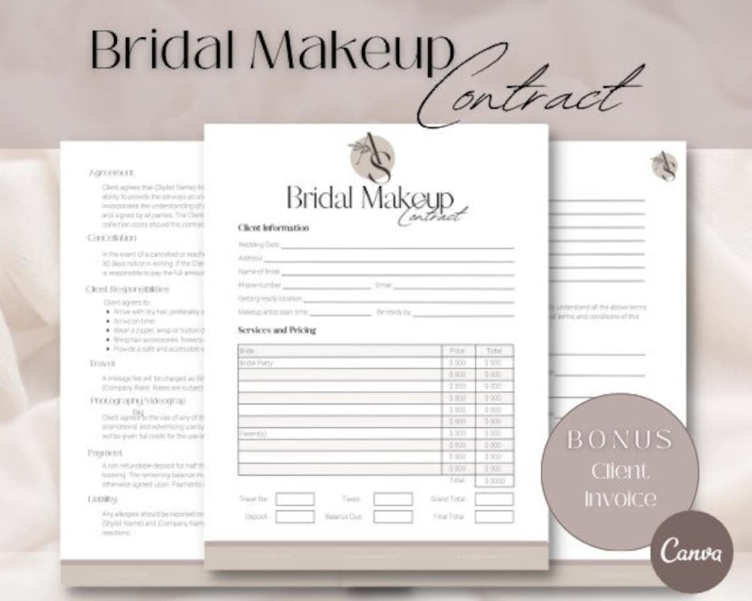 Bridal Makeup Artist Contract Template | Wedding | Freelance | Editable ...
