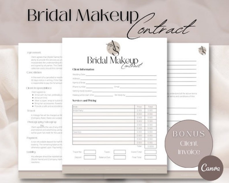 Bridal Makeup Artist Contract Template Wedding Freelance Editable ...