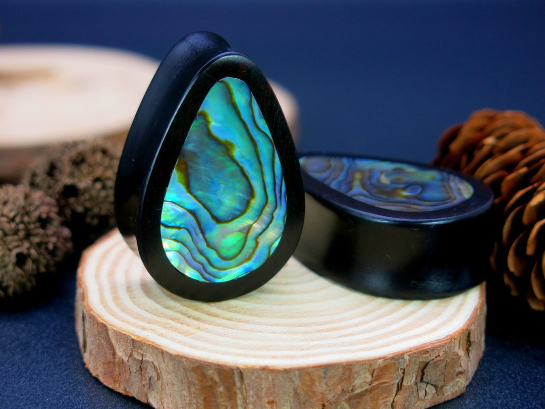 Custom Abalone Shell Classic Teardrop Wood Ear Plugs. Handmade Double ...