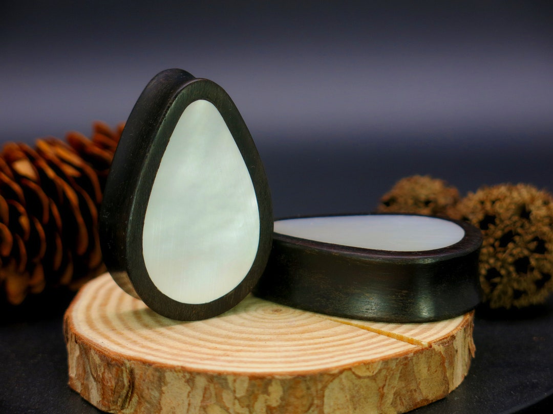 Black Wood Classic Teardrop Ear Plugs With Mother of Pearl Shell Inlay ...