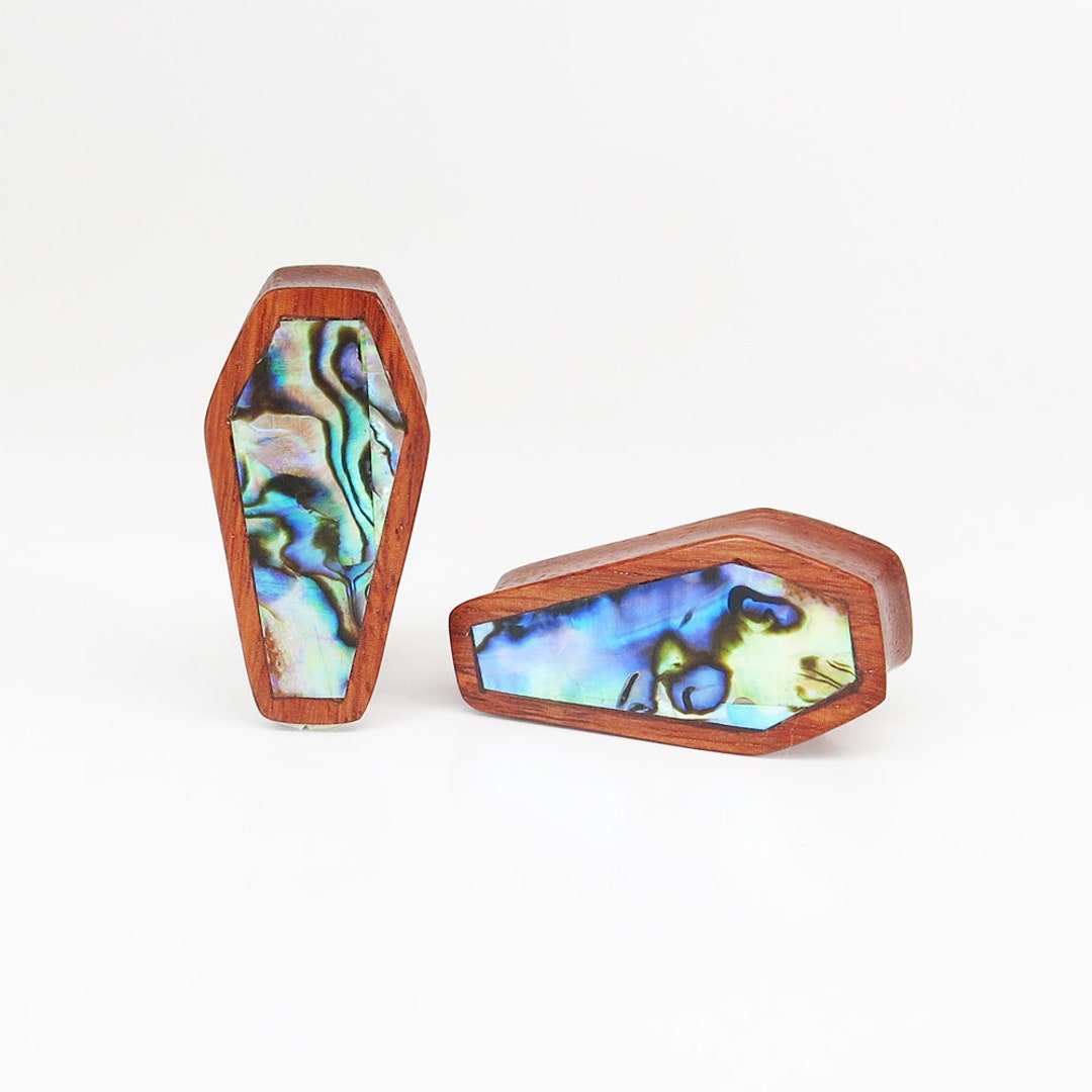 Red Wood Abalone Shell Coffin Plugs: Double Flare Earrings - Etsy