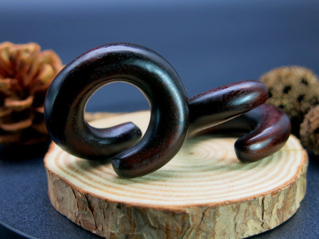 A Pair of Dark Raintree Wood Khmer Coil Hangers for Stretched Earlobes ...