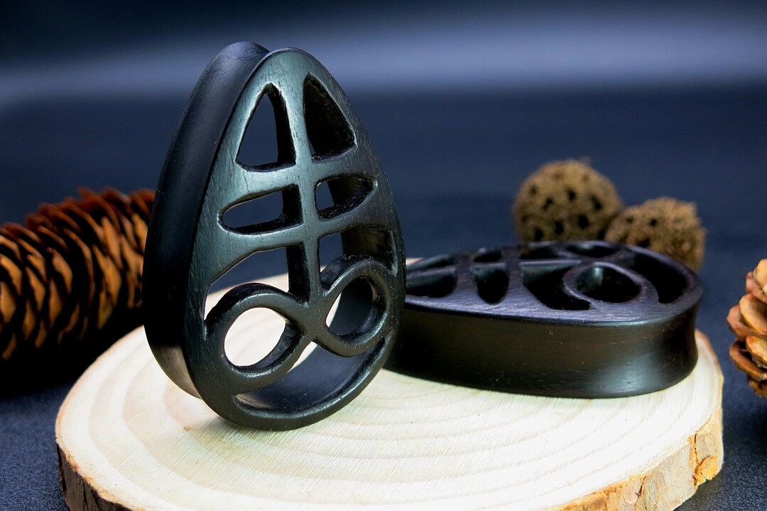 Big Gauge Dark Raintree Carved Leviathan Cross Teardrop Plugs I Carved Teardrop Plugs I Satanic ...