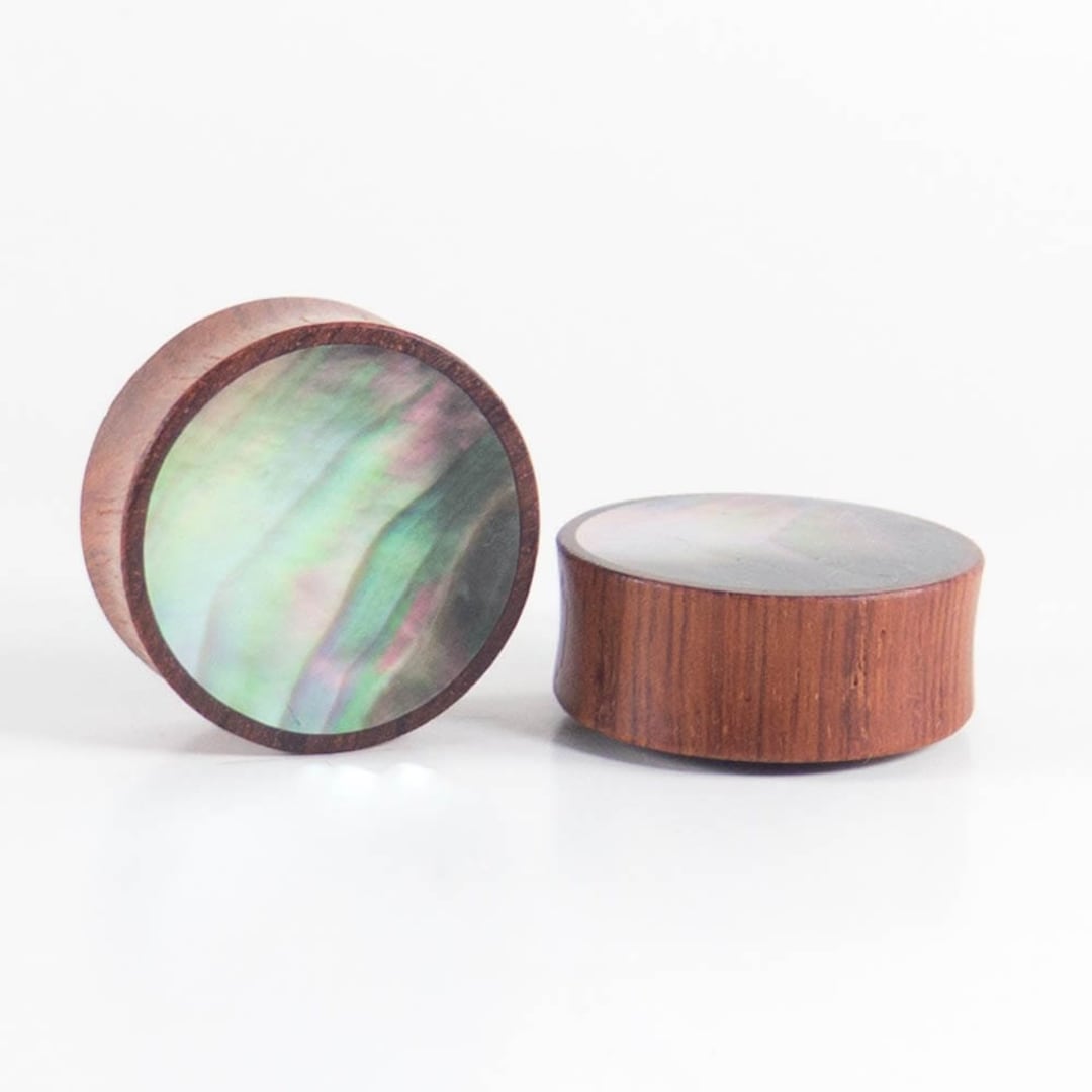 Pair of Luxury Black Pearl Shell Inlaid Saddle Ear Plugs. Wood Pearl ...