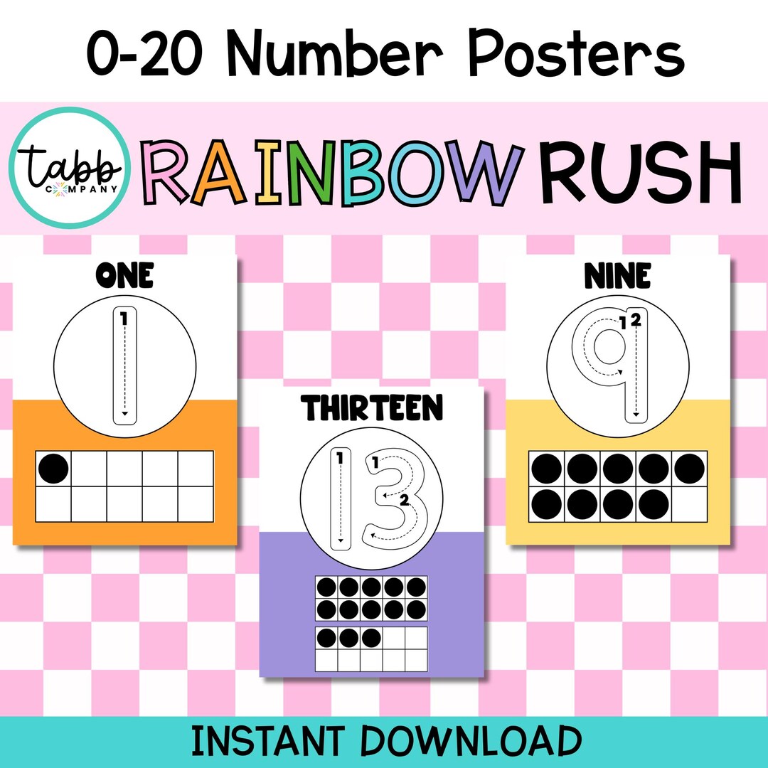 Rainbow Number Posters 0-20: Classroom Math Decor (printable PDF) - Etsy