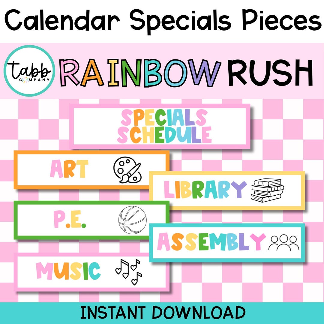 Rainbow Classroom Schedule Labels: Printable Calendar Specials (PDF ...