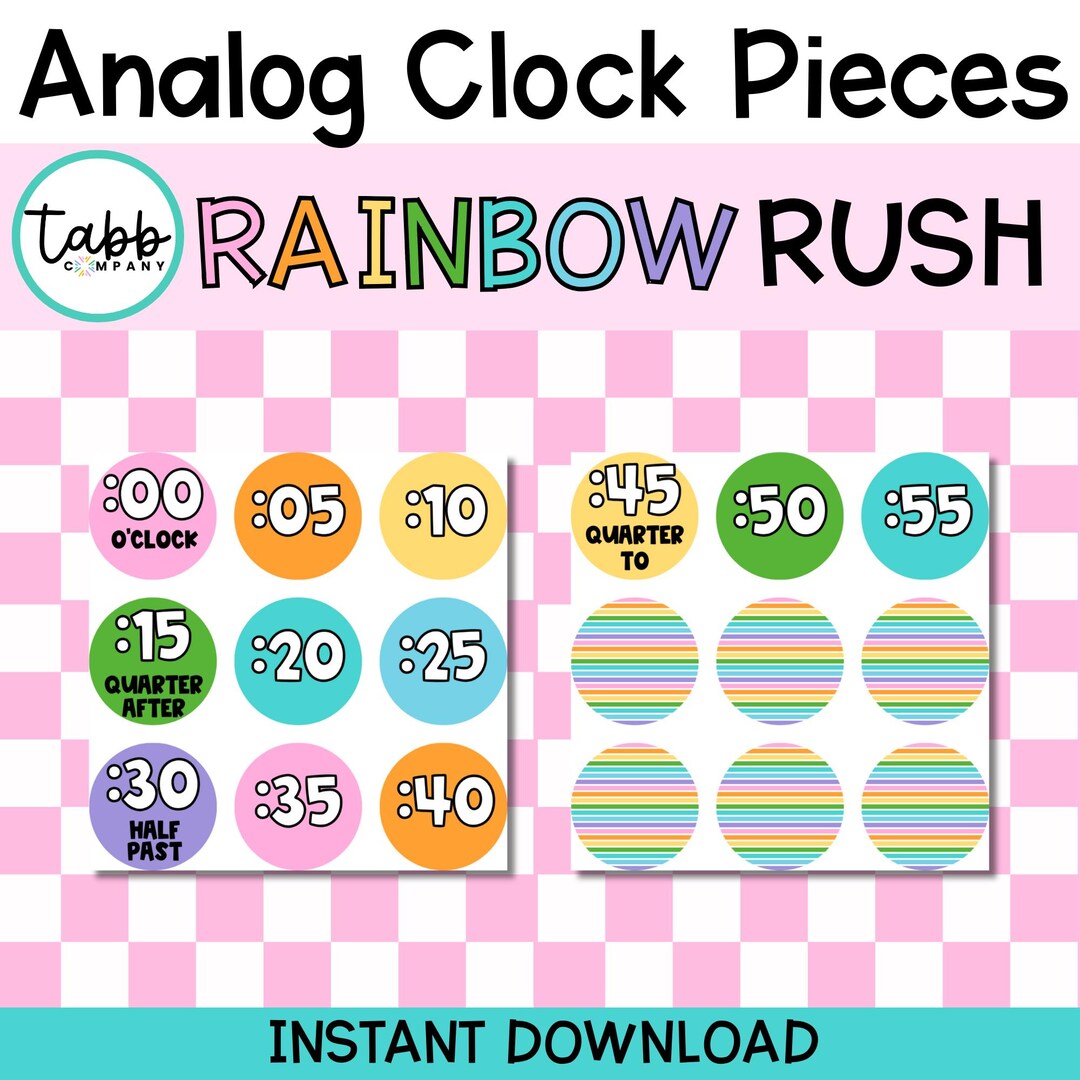 RAINBOW RUSH Analog Clock, Classroom Decor, Rainbow Decor, Printable ...