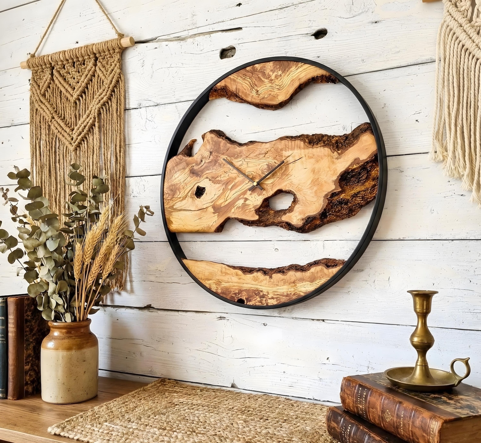 Large Live Edge Olive Wood Wall Clock, Black Metal Frame, Custom Rustic ...