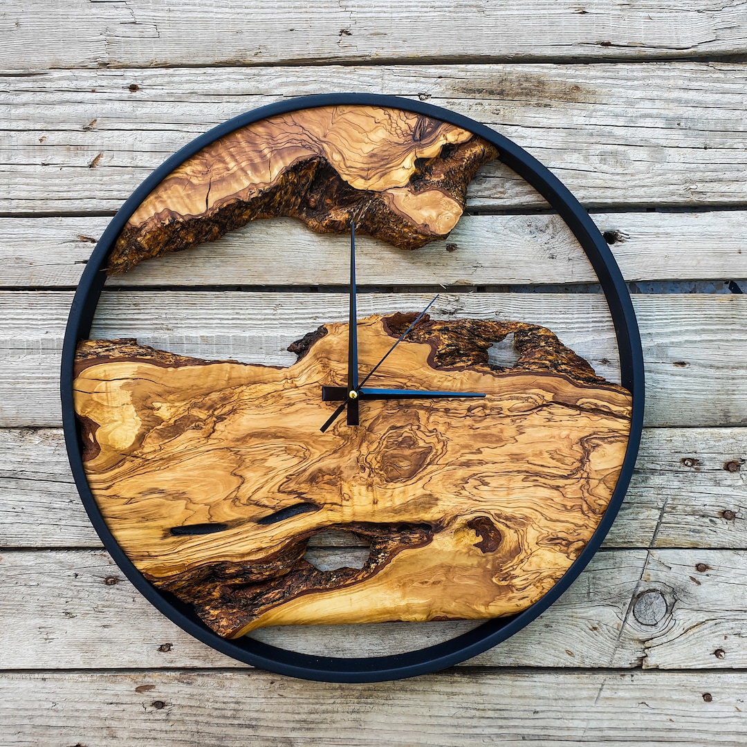 Wooden Wall Clock With Metal Frame, Wooden Wall Clock in Olive Wood ...