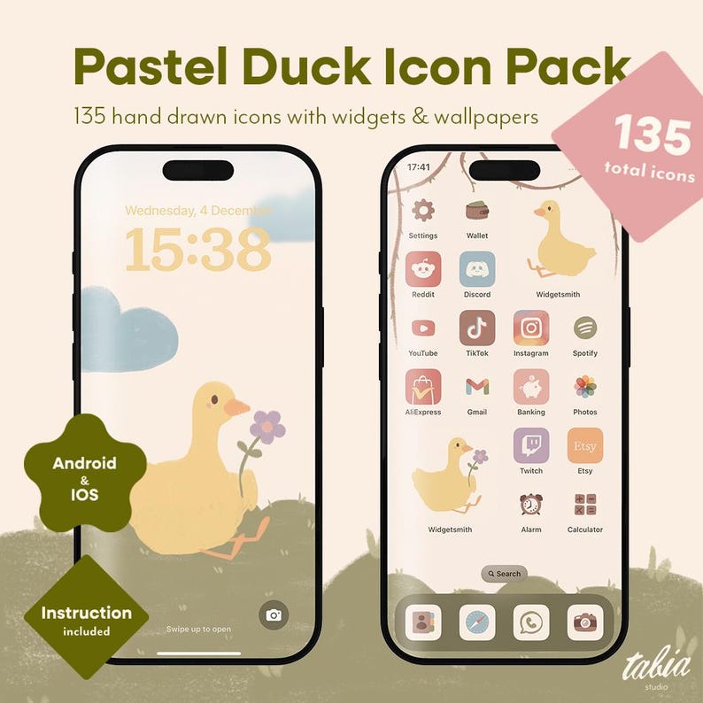 Cute Pastel Duck Icon Pack Phone Theme Wallpapers & Widgets IOS and Android Kawaii Hand Drawn ...