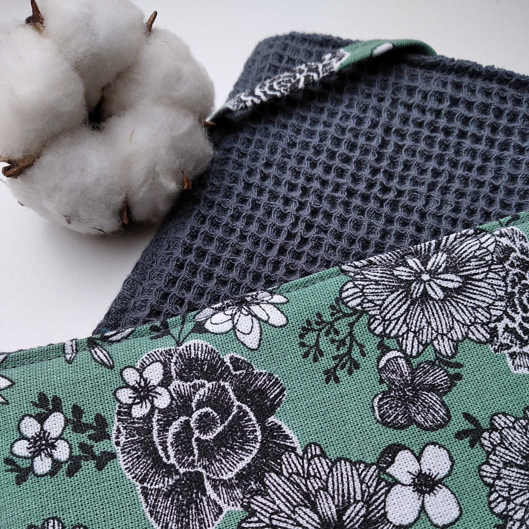 Essui-tout En Nid D'abeille Gris Anthracite Et Coton à Motif Fleuris ...