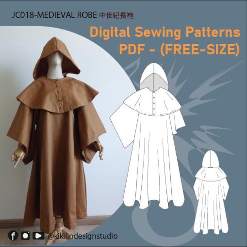 Digital Sewing Pattern | Medieval Robe With Cape and Hood (free Size ...