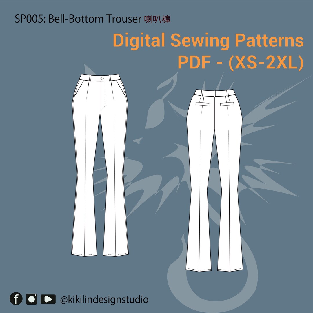 Digital Sewing Pattern | Bell Bottom Trouser (sizes XS-2XL) - Etsy